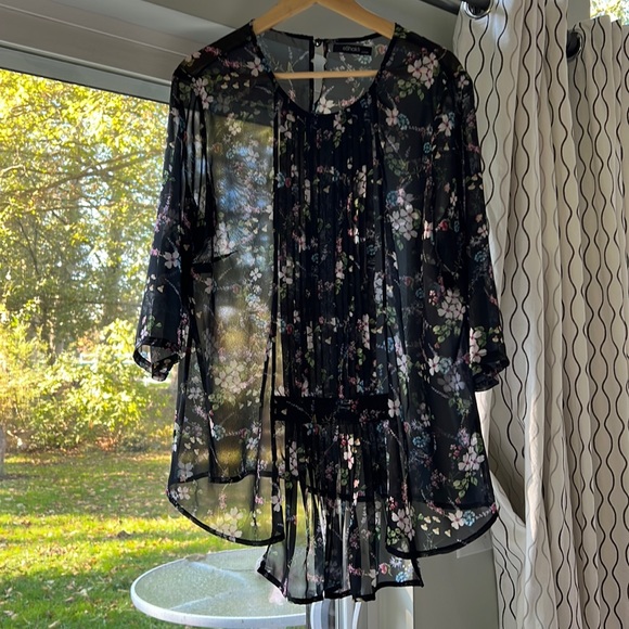 eshakti | Tops | Eshakti Semi Sheer Black Floral Tunic With Pleating ...